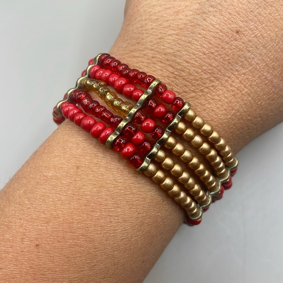 Jewelry | Vintage Gold Tone Red Beaded Large Cuff Bangle Statement Bracelet | Poshmark